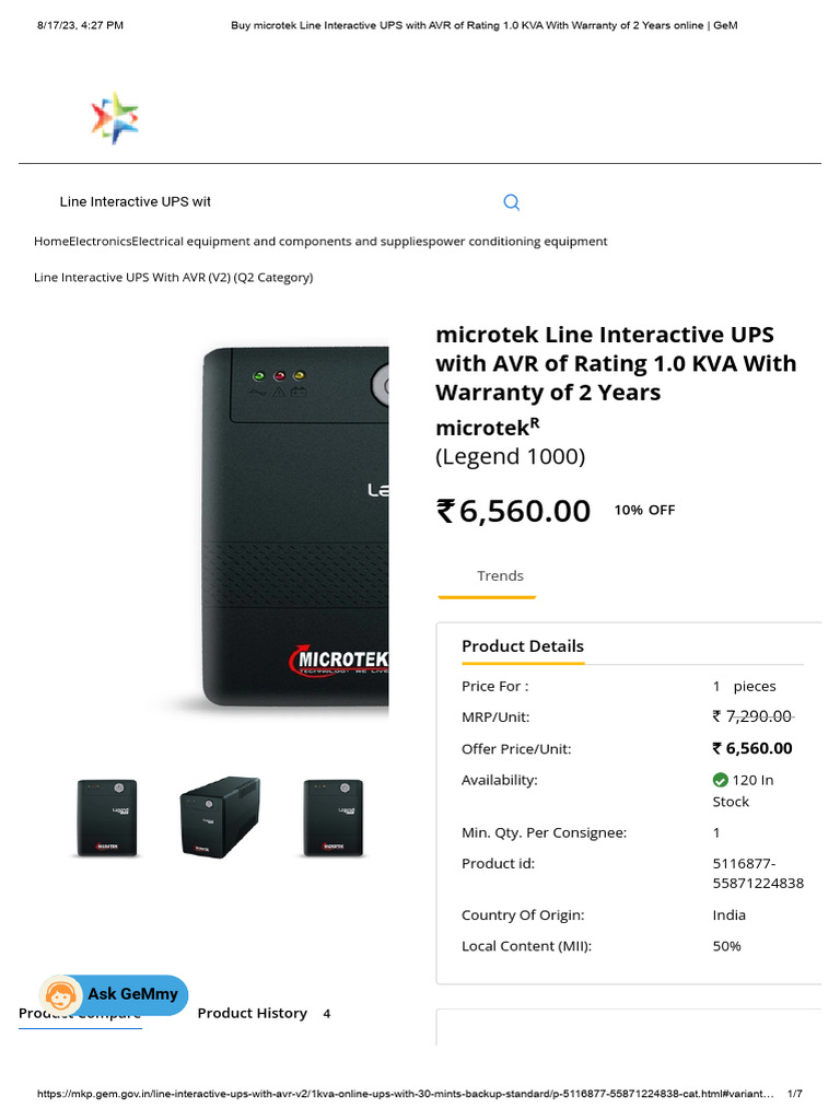 Buy Microtek Line Interactive UPS With AVR of Rating 1.0 KVA With ...
