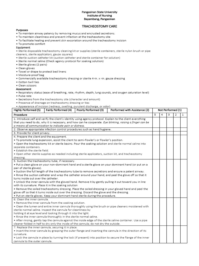Tracheostomy Care Checklist | PDF | Medical Specialties | Clinical Medicine