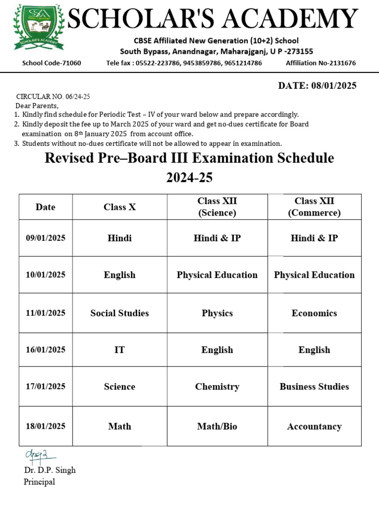 Revised Pre-Board Exam Schedule | PDF