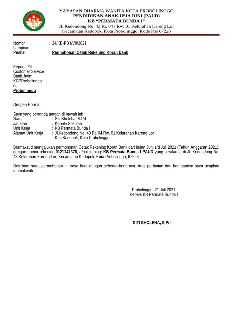 Permohonan Cetak Rekening Koran Bank | PDF