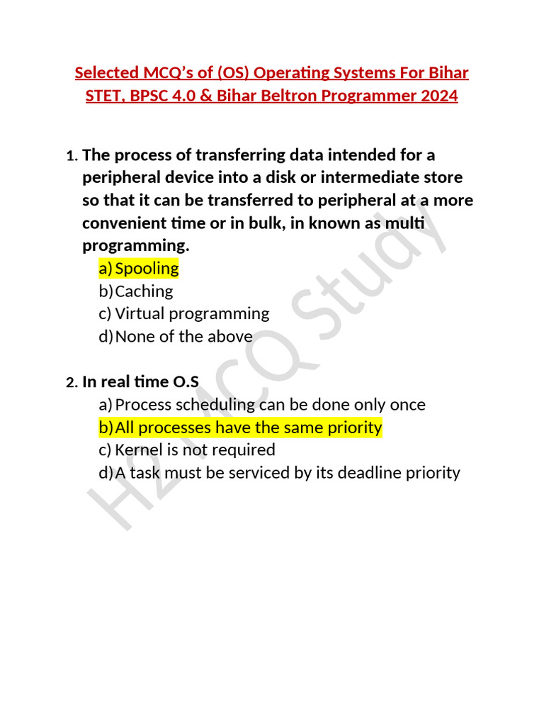 OS Class 06 Selected MCQ's of For Bihar STET, BPSC 4.0 & Bihar Beltron Programmer 2024 | PDF ...