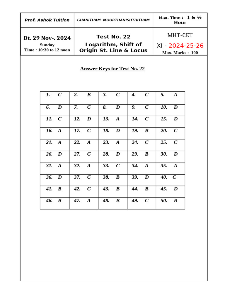 Answer Keys Test No. 22 - 29-11-24 | PDF