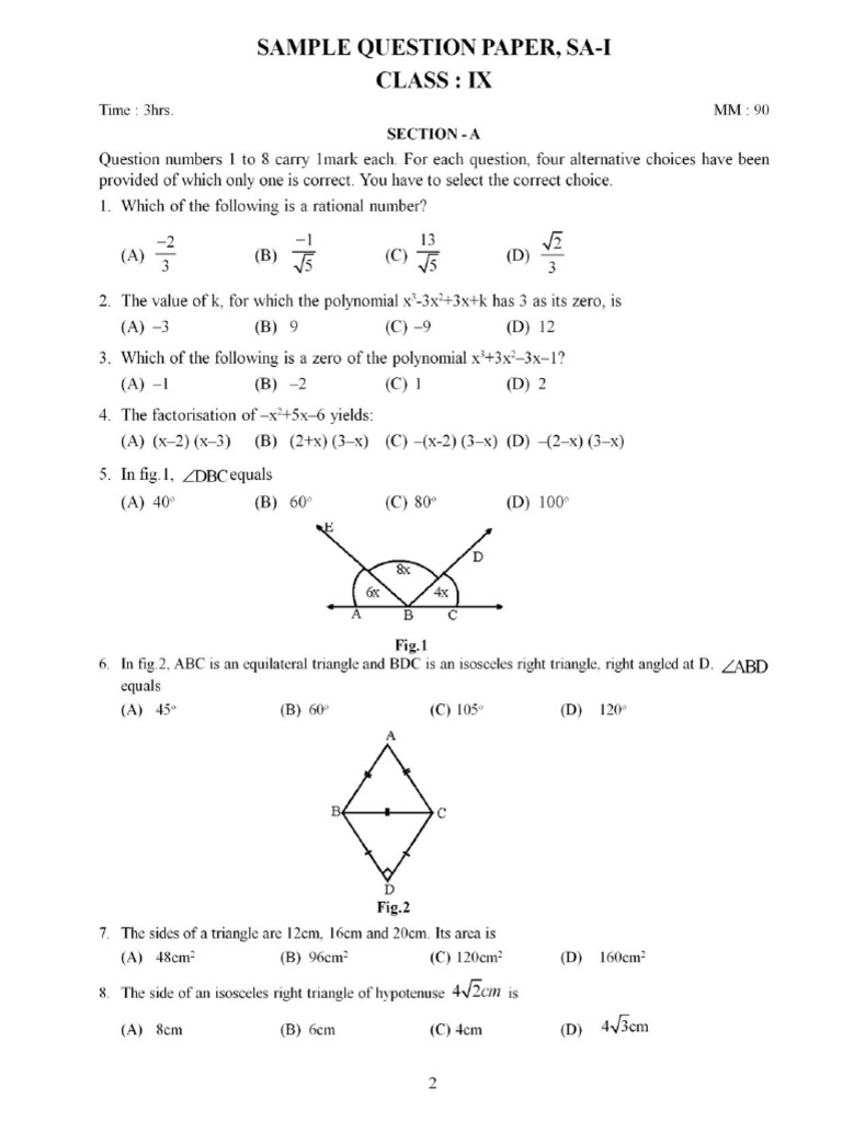 Maths Class 9 Sample Question Paper | PDF