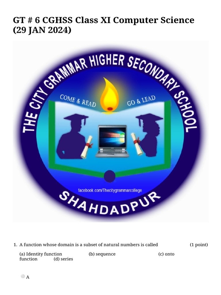 GT # 6 CGHSS Class XI Computer Science (29 JAN 2024) | PDF | Function ...