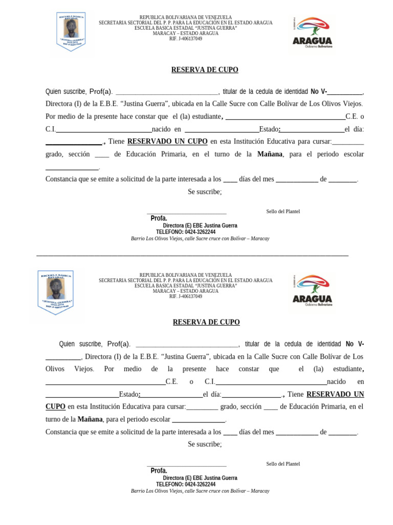 FORMATO PARA CONSTANCIA RESERVA DE CUPO | PDF