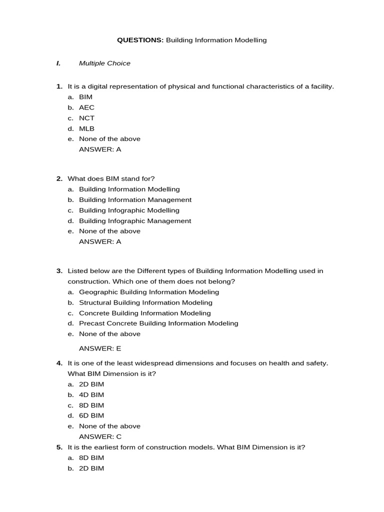 BIM Questions Answer Key | PDF | Building Information Modeling | Autodesk