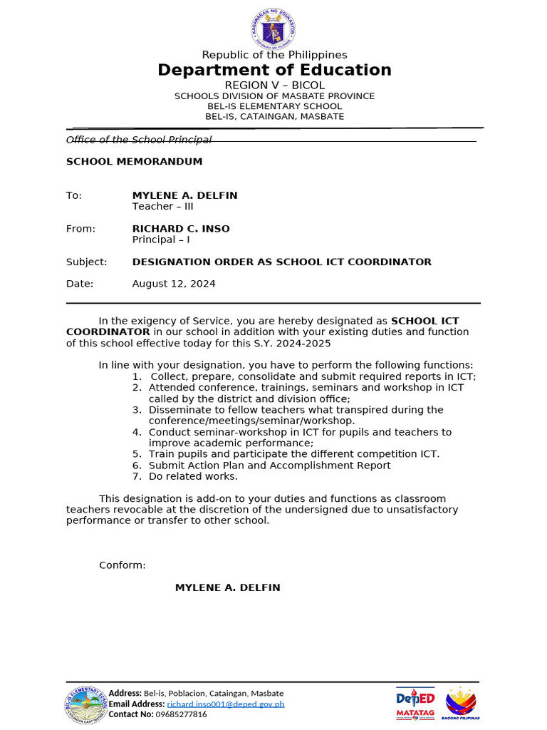 Designation Order of Mrs. MYLENE A. DELFIN | PDF | Email | Public Services
