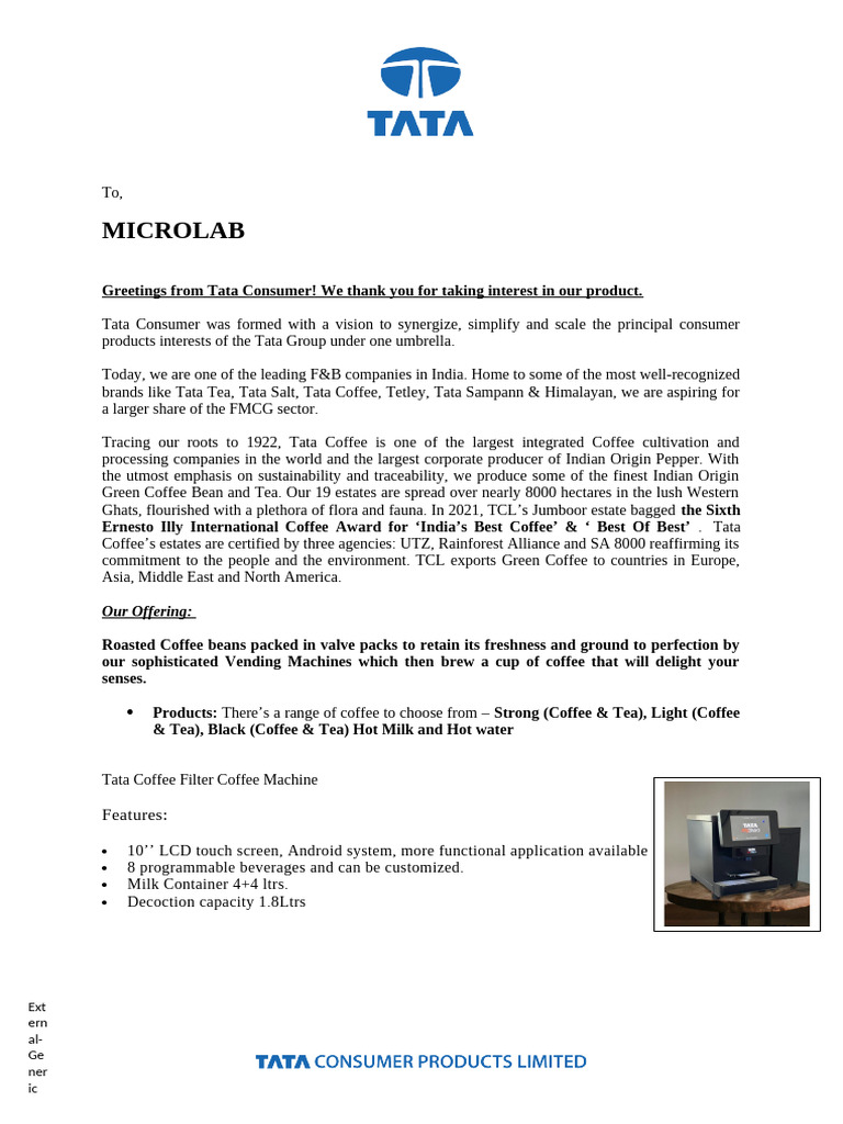Tata Coffee Machine Proposal - Vakil Search | PDF | Coffee | Tea
