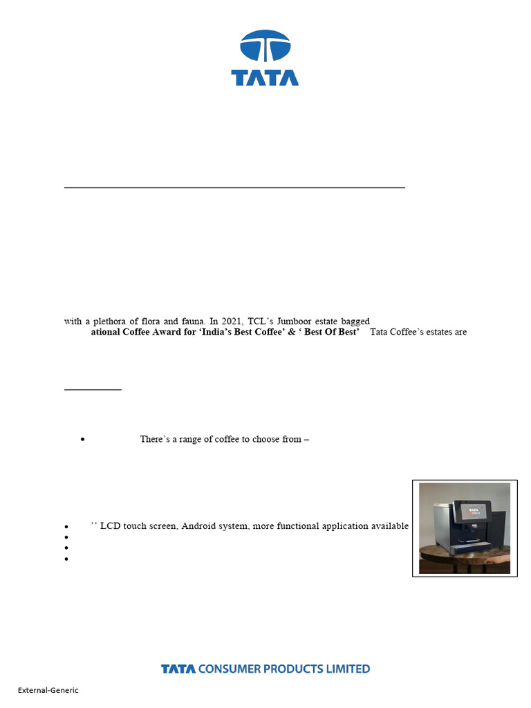 Tata Coffee Vending Machine Details | PDF | Coffee | Tea