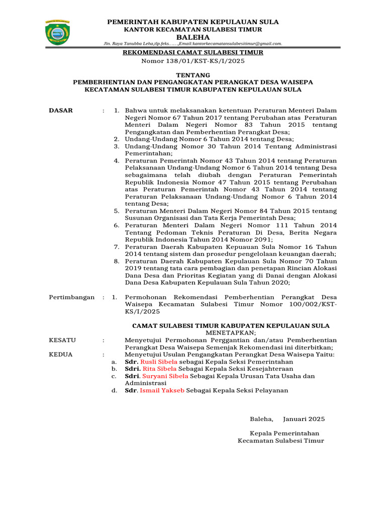 Rekomendasi Camat 2025 | PDF