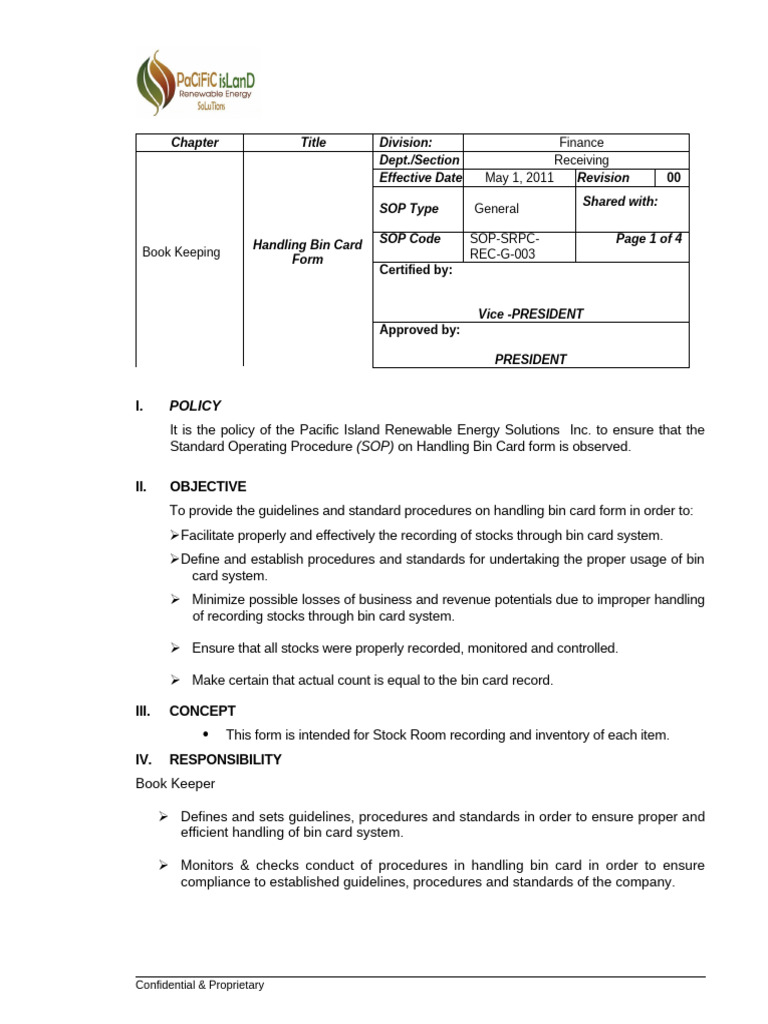 SOP-REC-G-003 Handling Bin Card | PDF | Business