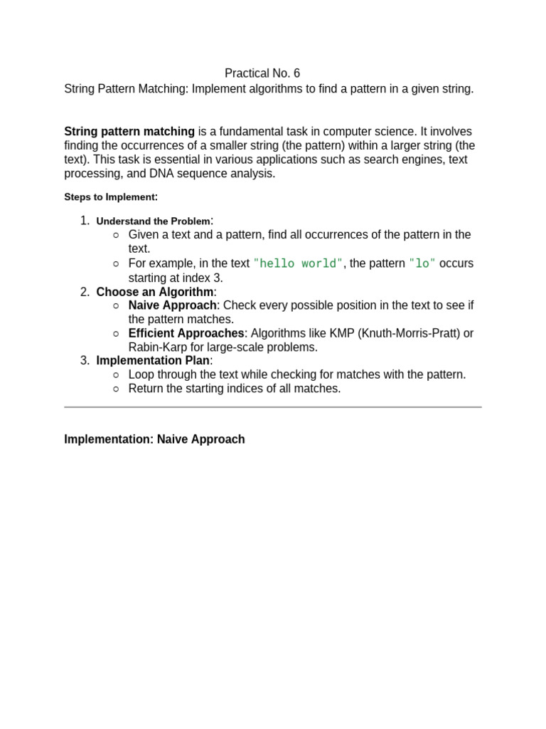 Practical No. 6 String Pattern Matching - Implement Algorithms To Find A Pattern in A Given ...