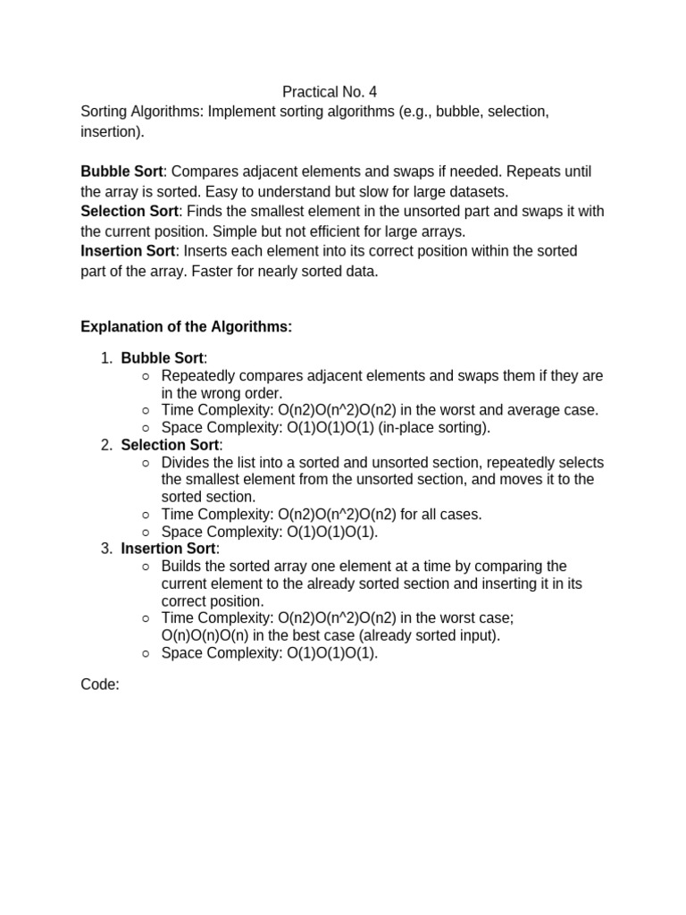 Practical No 4 Sorting Algorithms Implement Sorting Algorithms Eg 5128