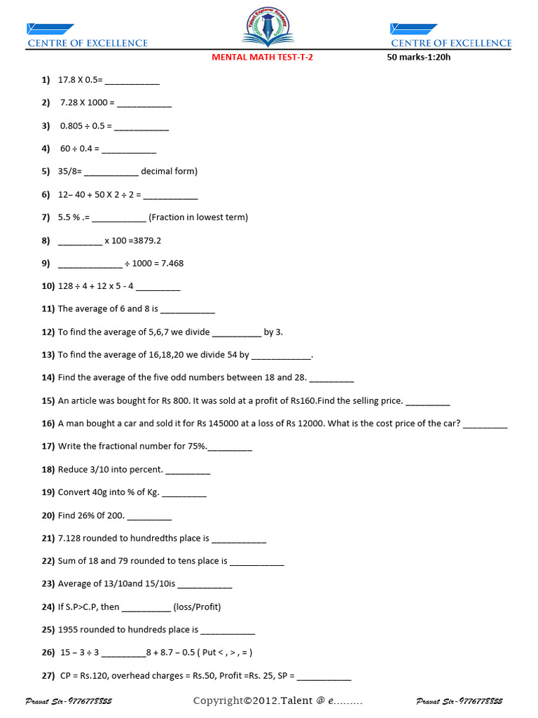 MENTAL MATH TEST-Std-5 | PDF | Triangle