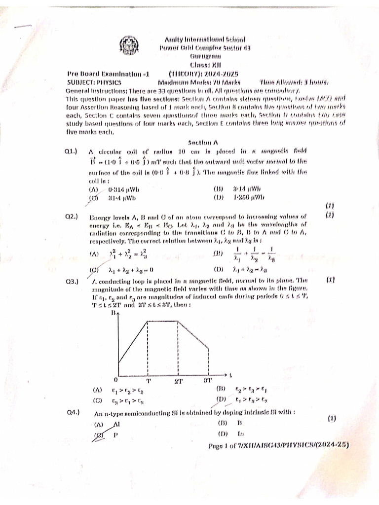 Physics Pre-board -1 12th | PDF
