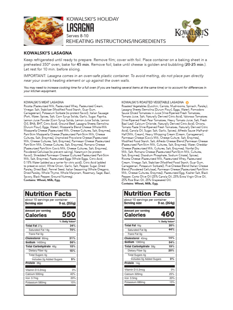 Kowalski's Lasagna Cooking Instructions | PDF | Cheese | Fat