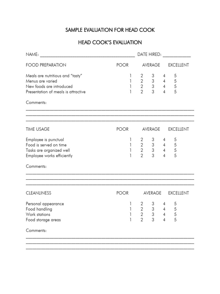 Head Cook Evaluation Form Template | PDF | Foods | Cooking