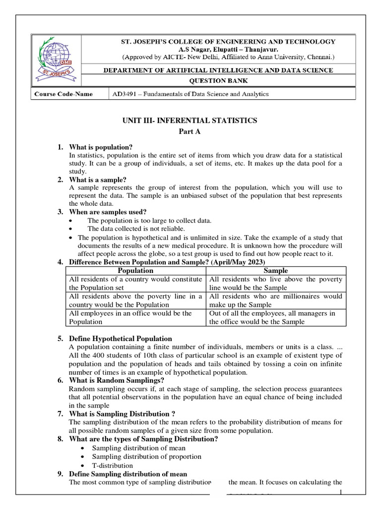 AD3491 - Unit 3 - Inferential Statistics Important Questions 2 Marks With Answer - 3-9 | PDF ...