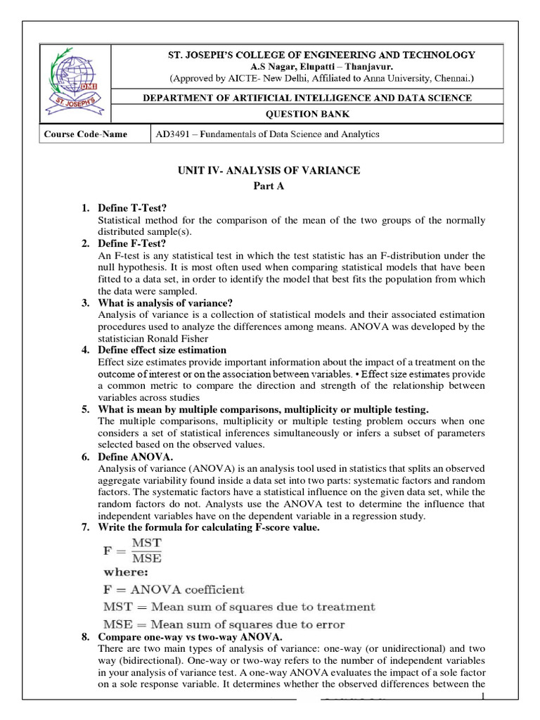 AD3491 - Unit 4 - Analysis of Variance Important Questions 2 Marks With Answer - 3-9 | PDF ...
