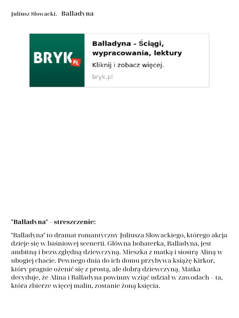 Balladyna - Streszczenie | PDF