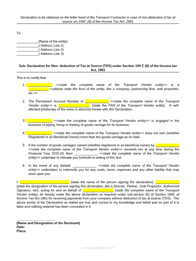 TDS Non-Deduction Declaration Template | PDF | Taxes | Tax Deduction