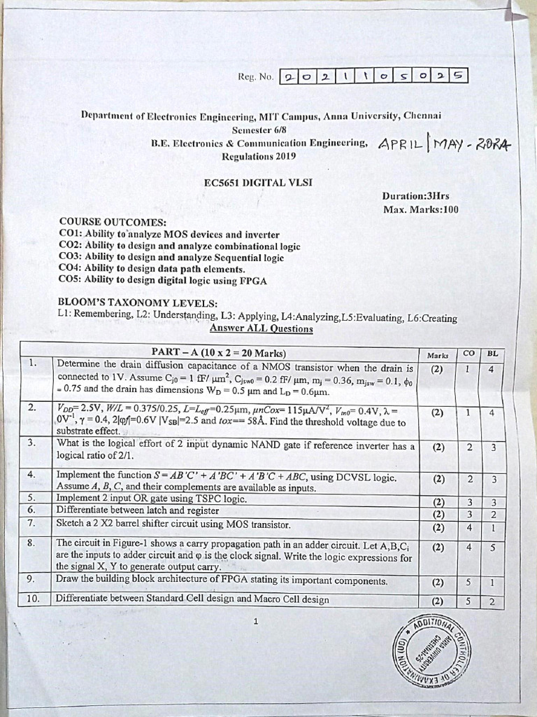 Digital VLSI Course Exam Paper | PDF | Logic Gate | Cmos