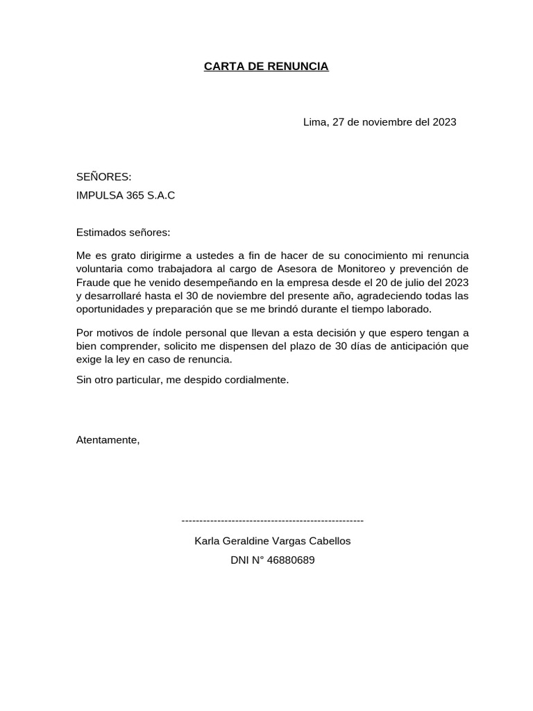 Carta de Renuncia Karla | PDF