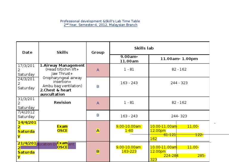 2012 Skills Lab Timetable for 2nd Year | PDF | Wellness | Technology ...
