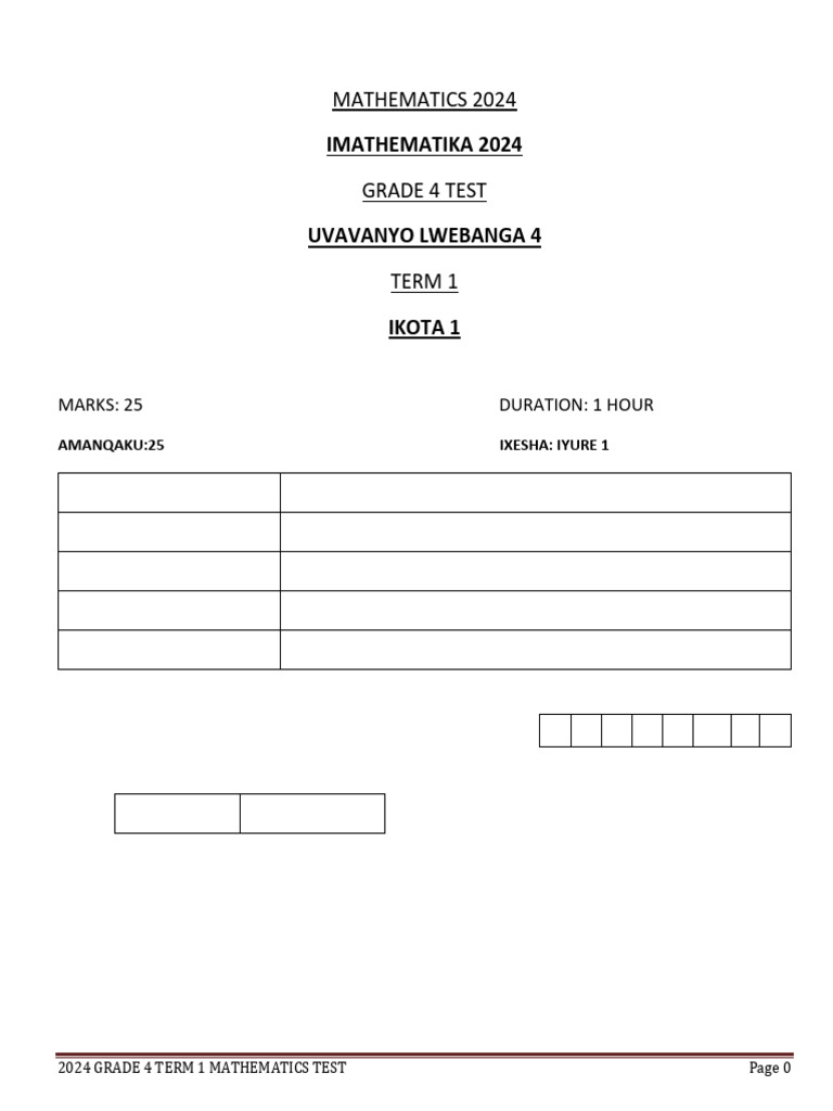 Grade 4 Term 1 Maths Test 2024 | PDF | Mathematics | Arithmetic