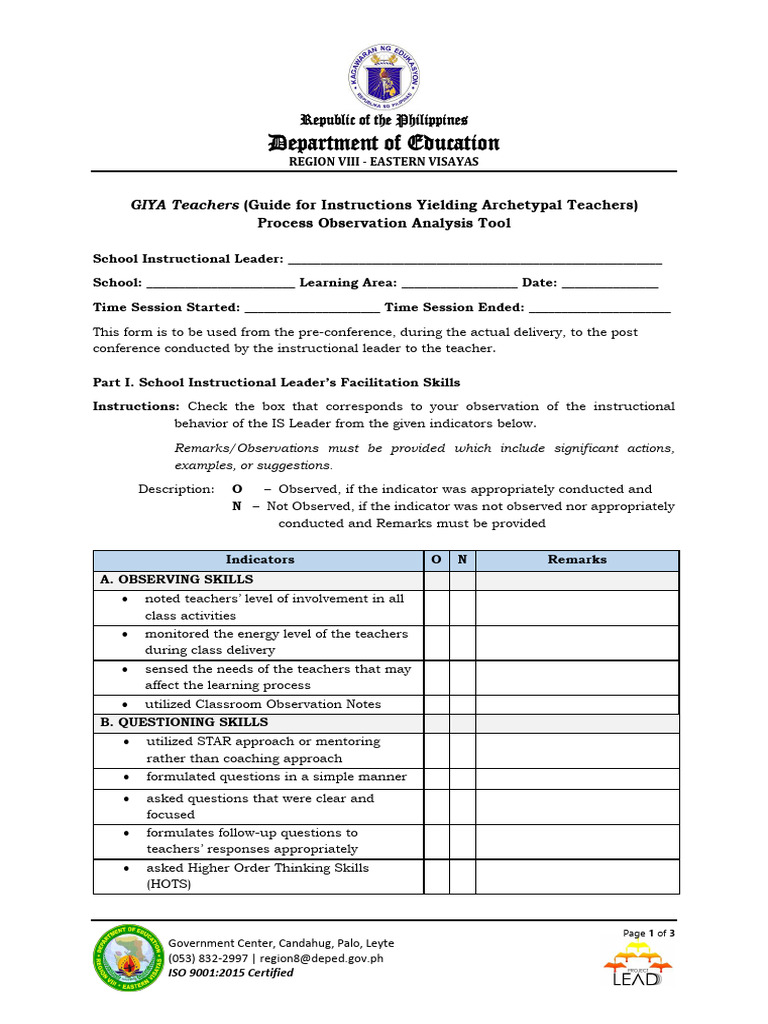 GIYA Process Observation Analysis Tool | PDF | Teachers | Learning