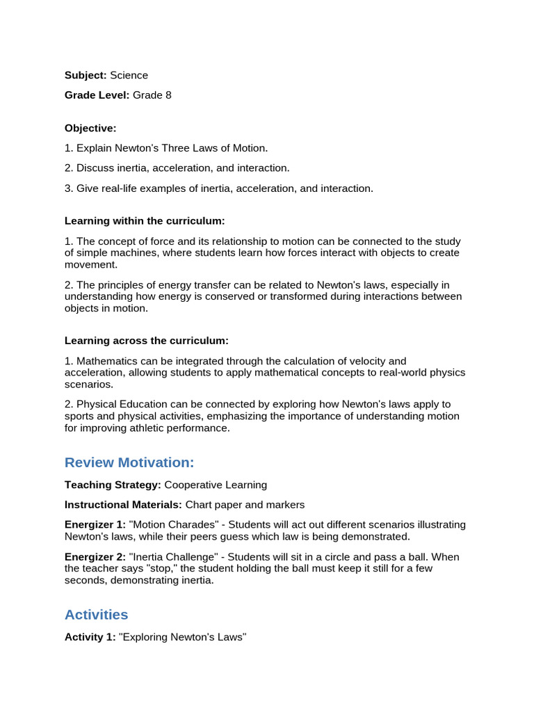 lesson_plan in Science 8 - Three Laws of Motion | PDF | Force | Inertia