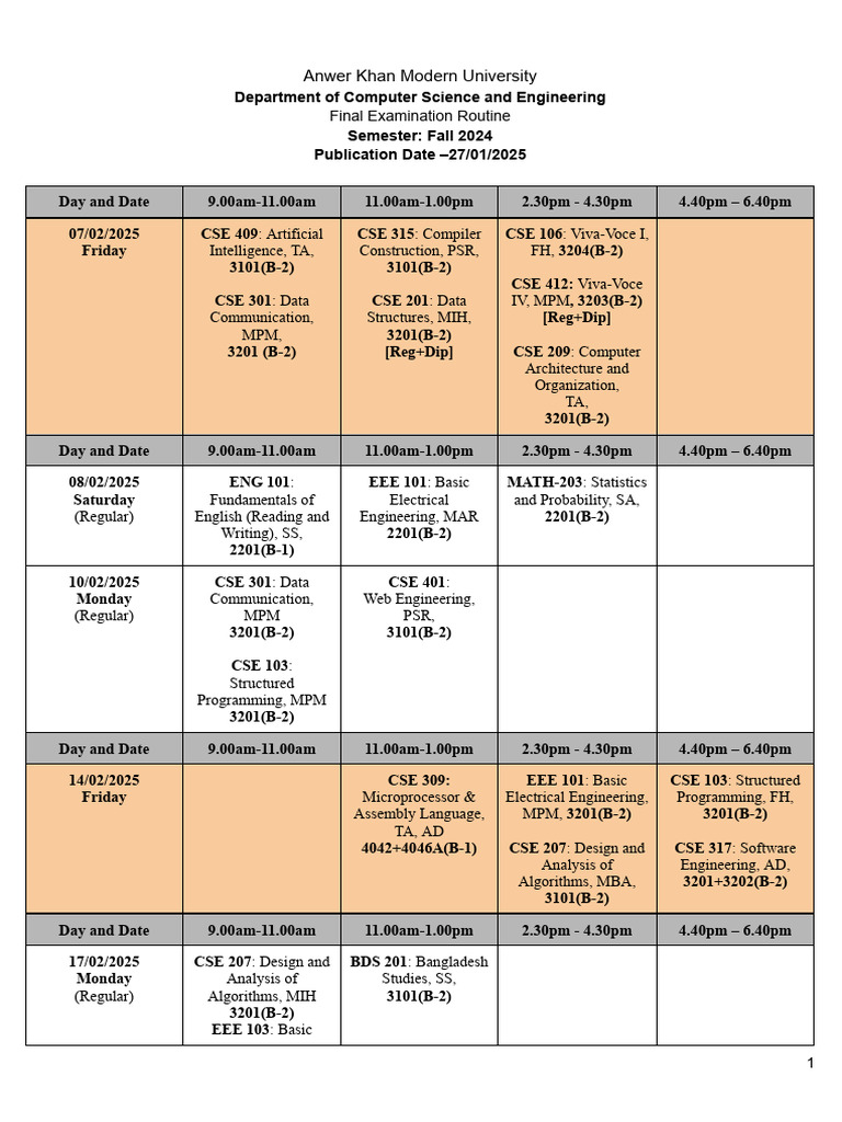 CSE Final Exam Schedule Fall 2024 | PDF | Computing | Computer Science