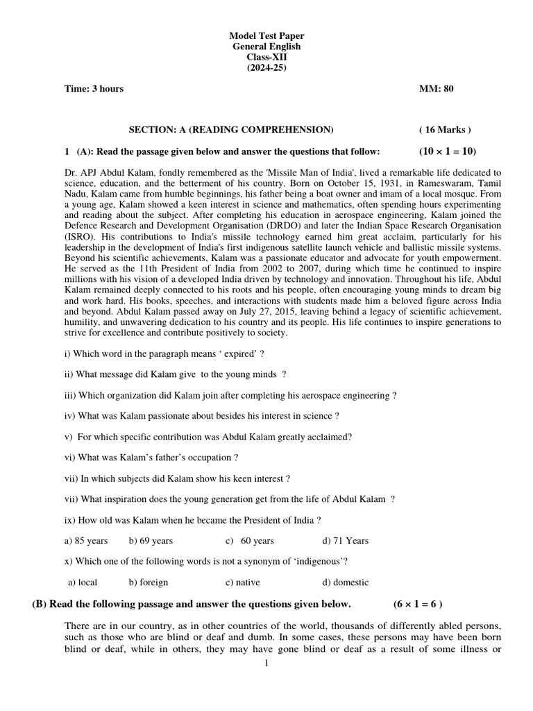 12th General English Model Test Paper 2024-25-2 | PDF