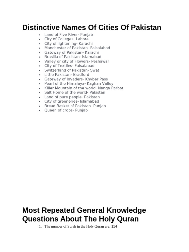 Distinctive Names Of Cities Of Pakistan | PDF | Surah | Quran