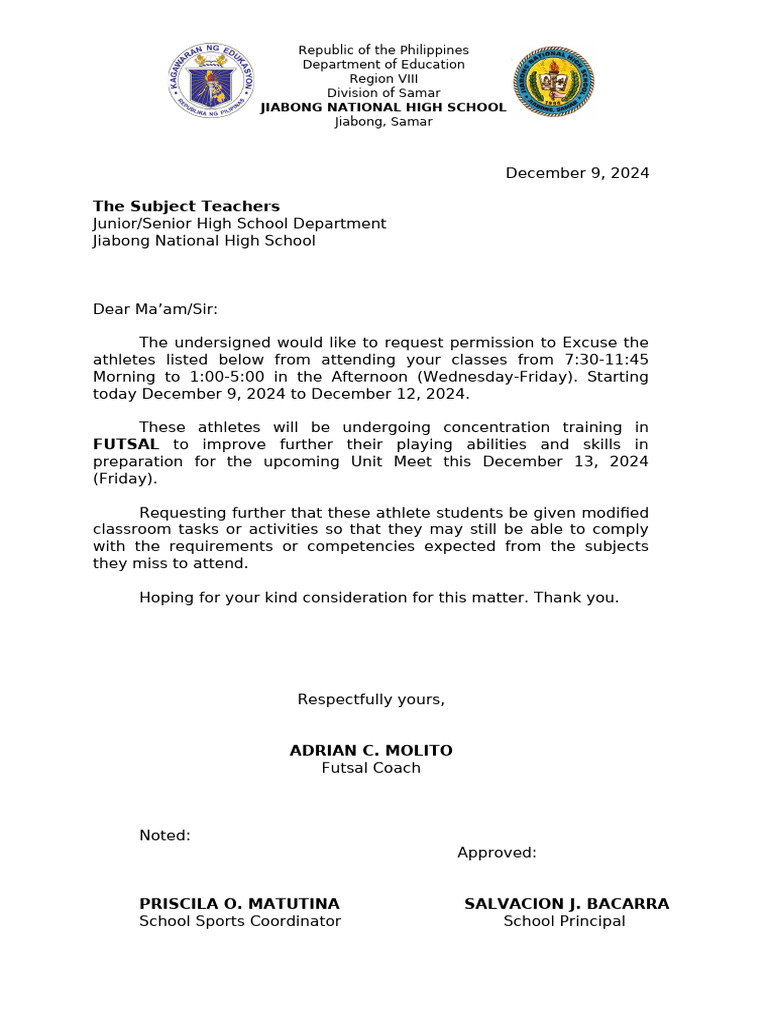 Request for Student Athlete Excusal | PDF
