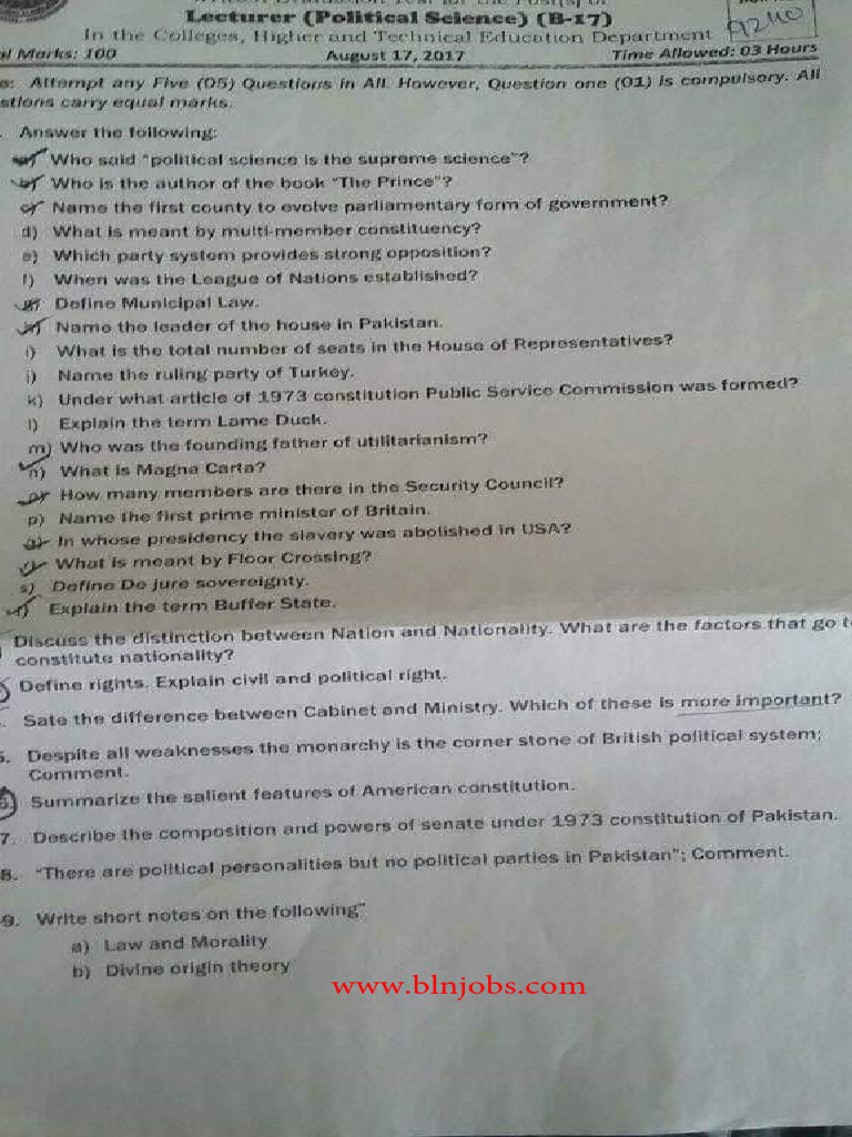 BPSC Political Science Lecturer Past Papers | PDF