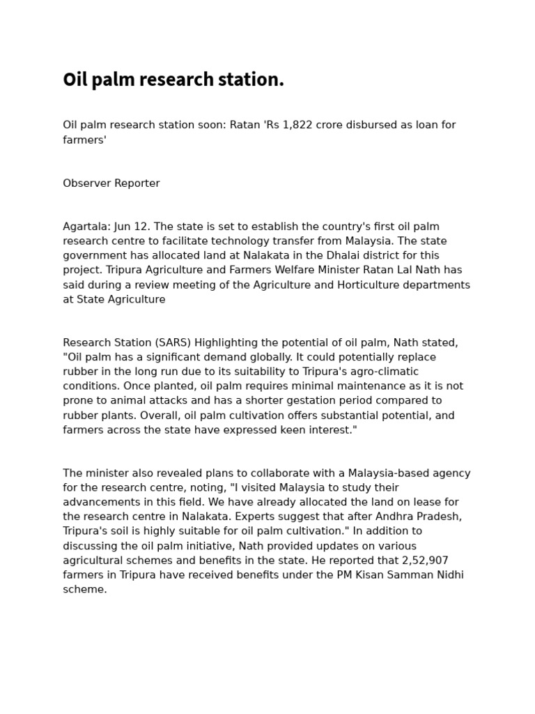 Tripura's First Oil Palm Research Center | PDF