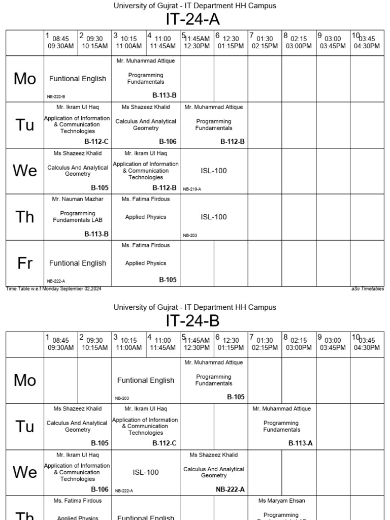 Classwise Time Table | PDF | Information Management | Applied Mathematics