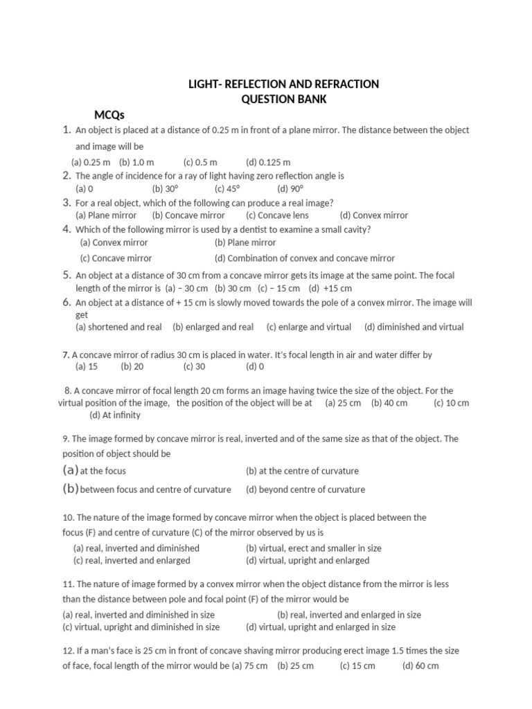 MCQs Light Reflection and Refraction | PDF | Mirror | Applied And Interdisciplinary Physics