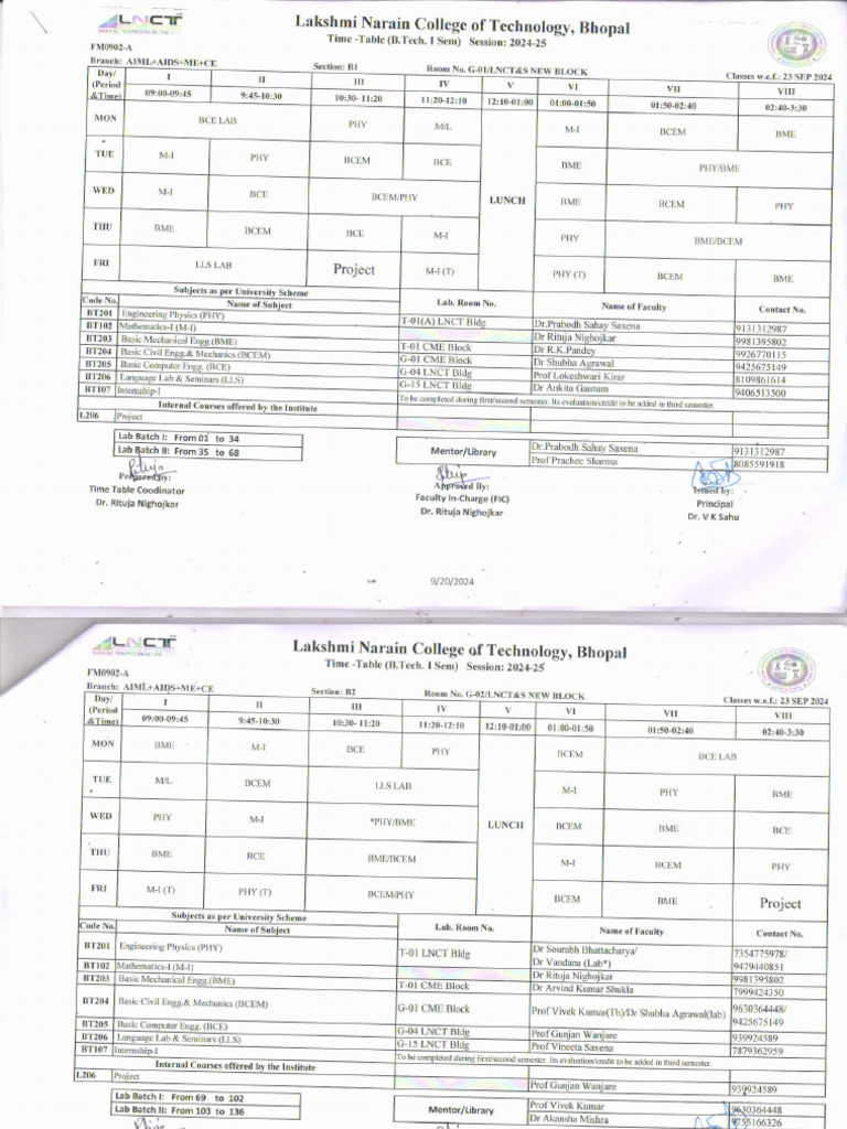 Timetable B. Tech. B Set Session 2024 25 | PDF