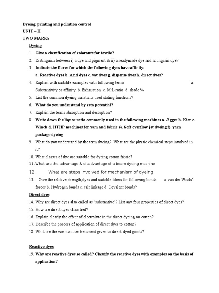 Question Bank For Dyeing | PDF | Dyeing | Dye