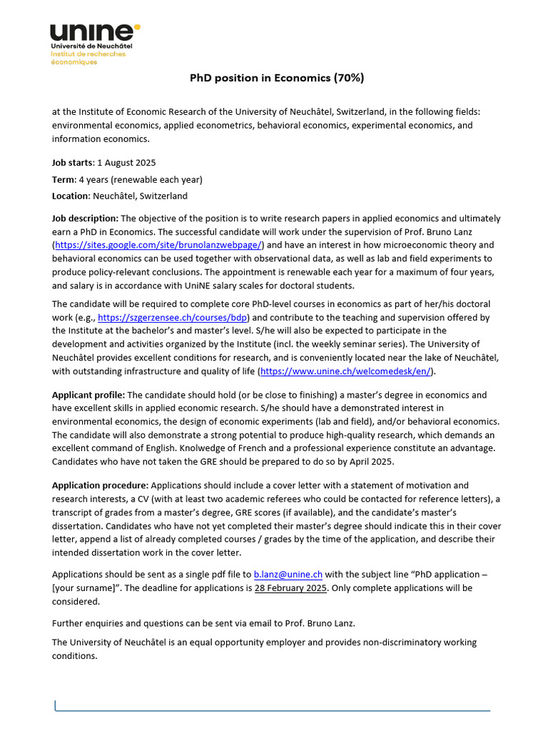 PHD Position in Economics | PDF | Economics | Doctor Of Philosophy
