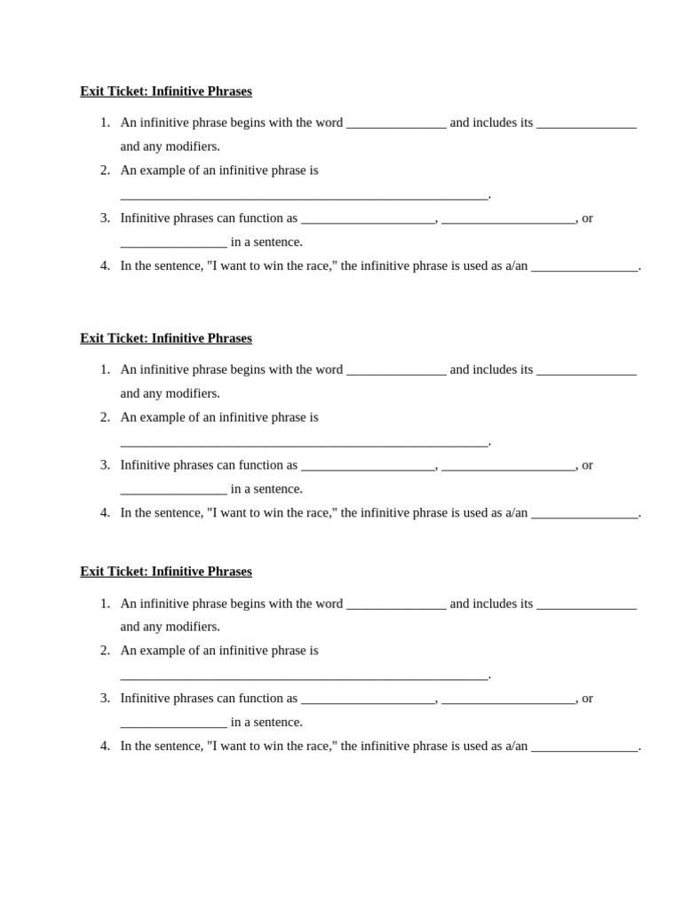 Exit Ticket (Infinitive Phrases) | PDF