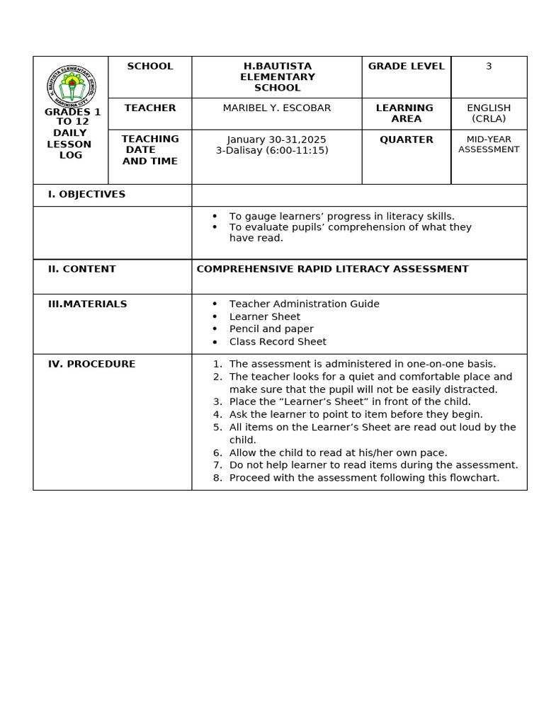 Grade 3 English Literacy Assessment Guide | PDF | Teachers | Learning