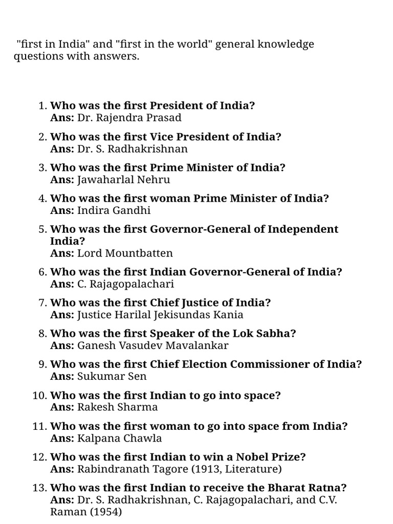 Firsts in India: GK Questions & Answers | PDF | Jawaharlal Nehru