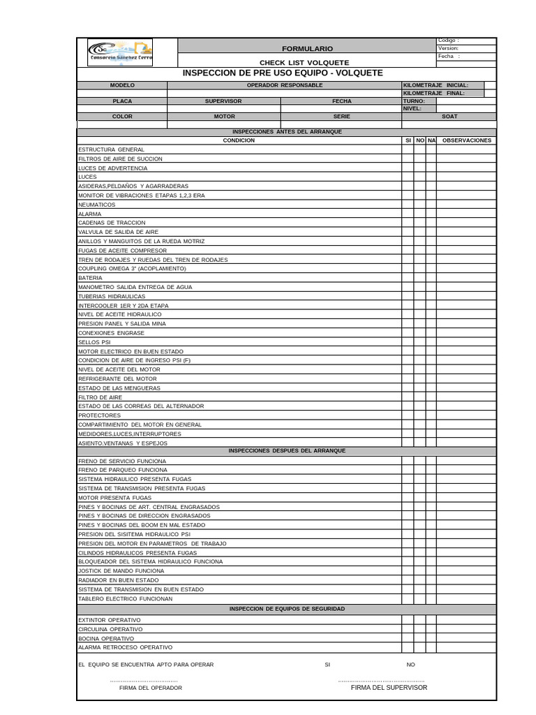 Checklist de Inspección para Volquete | PDF | Presión | Vehículos ...