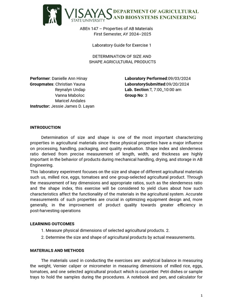 ABEn 147 - Properties of AB Materials Lab Report 1 (Hinay) | PDF ...