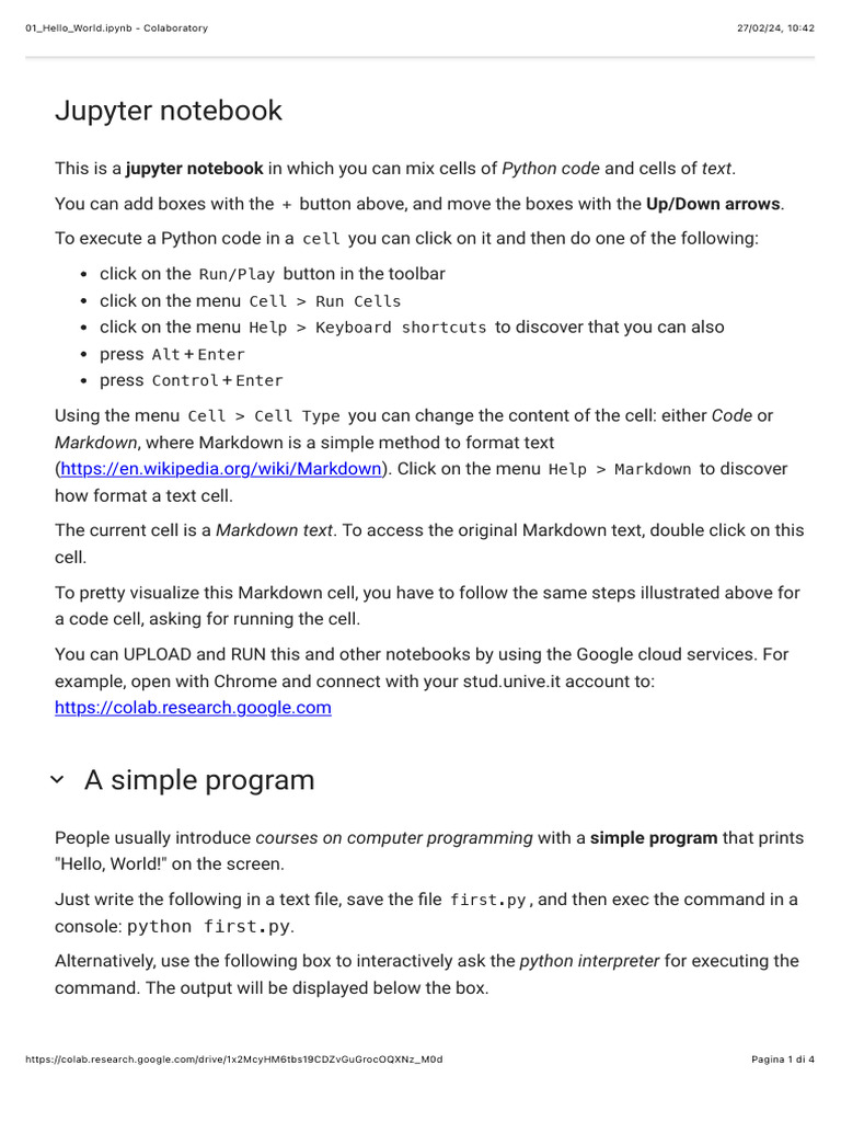 01 - Hello - World - Ipynb - Colaboratory | PDF | String (Computer Science) | Computer Programming