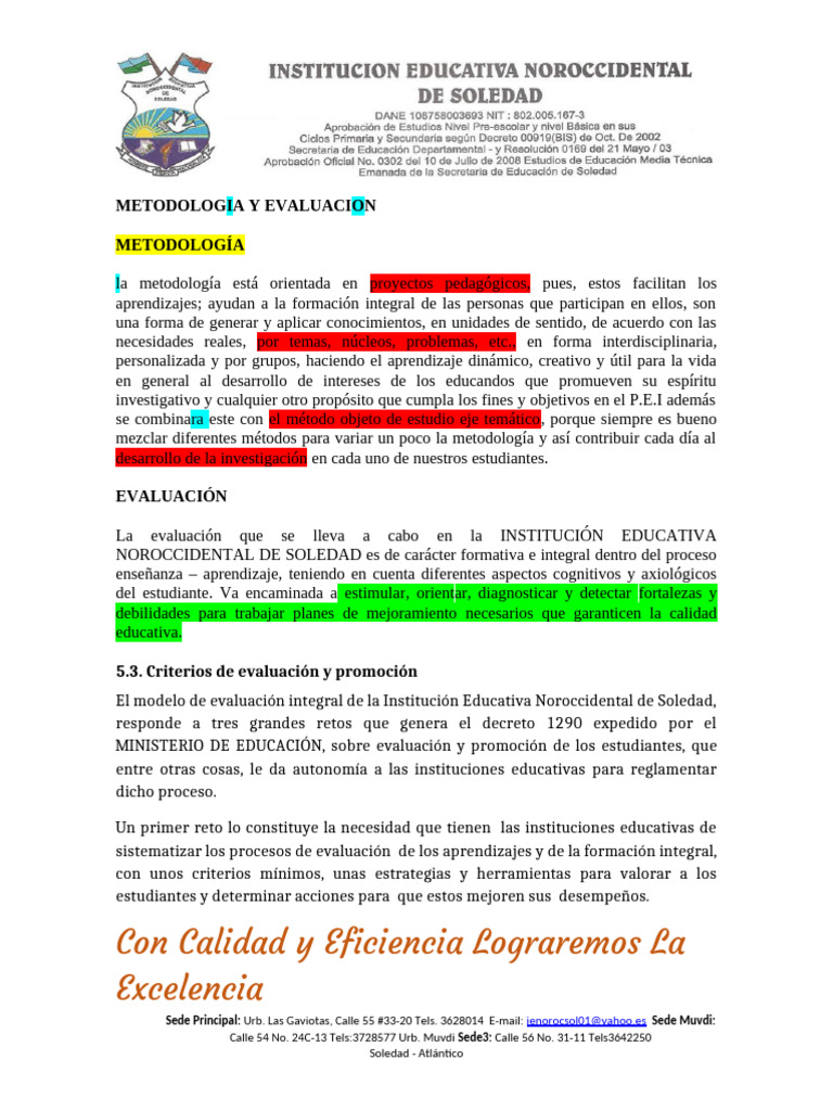 SISTEMA DE EVALUACION NOROCCIDENTAL | PDF | Evaluación | Plan de estudios
