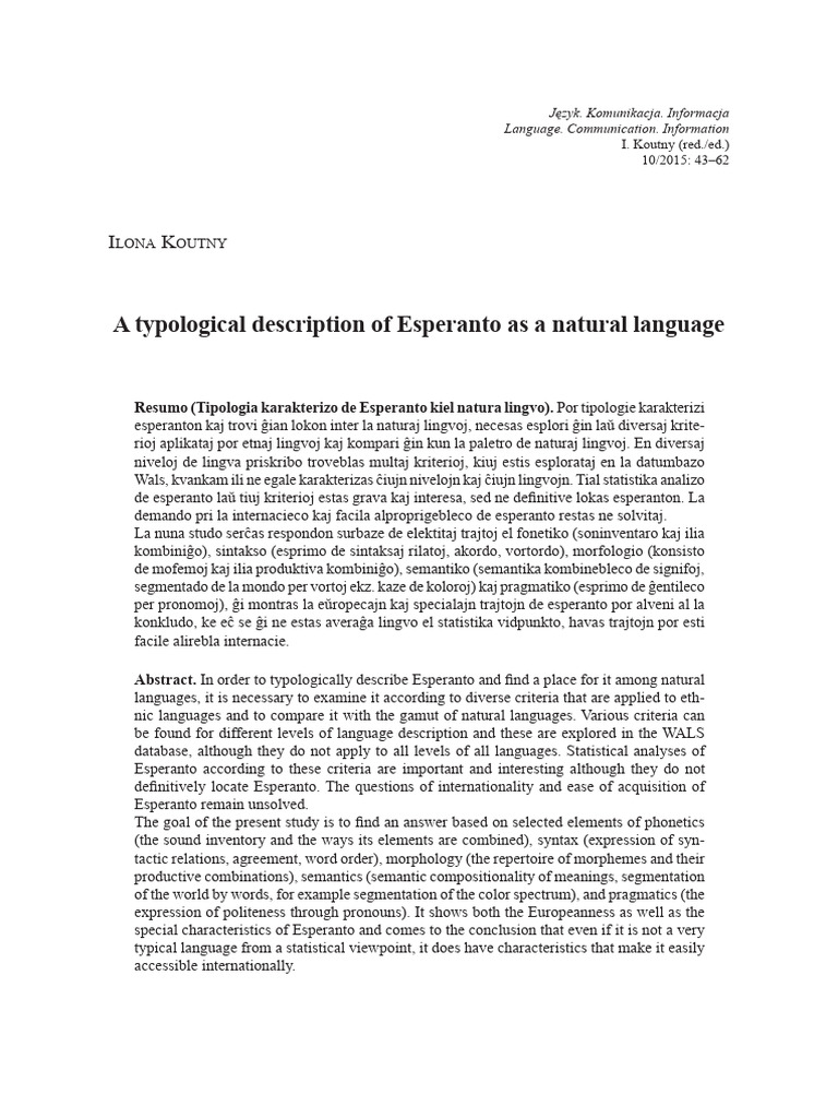 Typological Description of Esperanto | PDF | Word | Grammatical Number